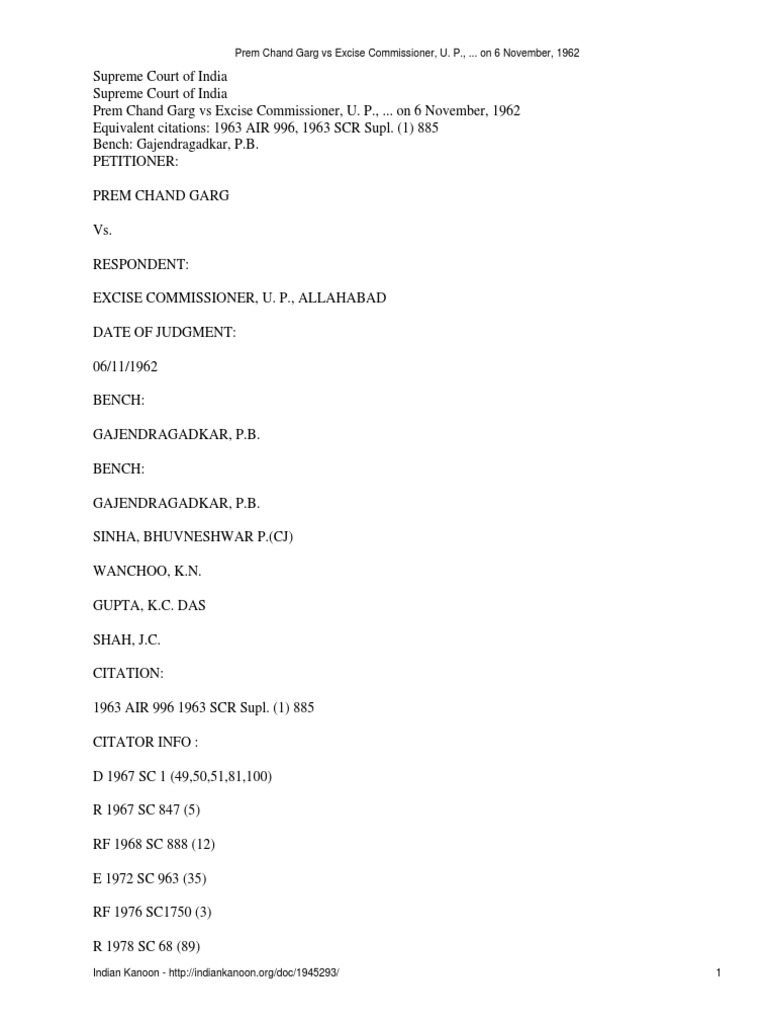 Prem Chand Garg Vs Excise Commissioner, U. P., ... On 6 November, 1962 ...