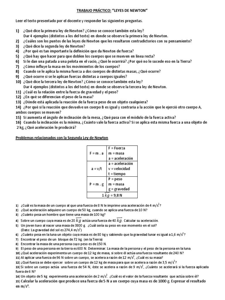 Hoja De Trabajo Con Respuestas De Las Leyes De Newton