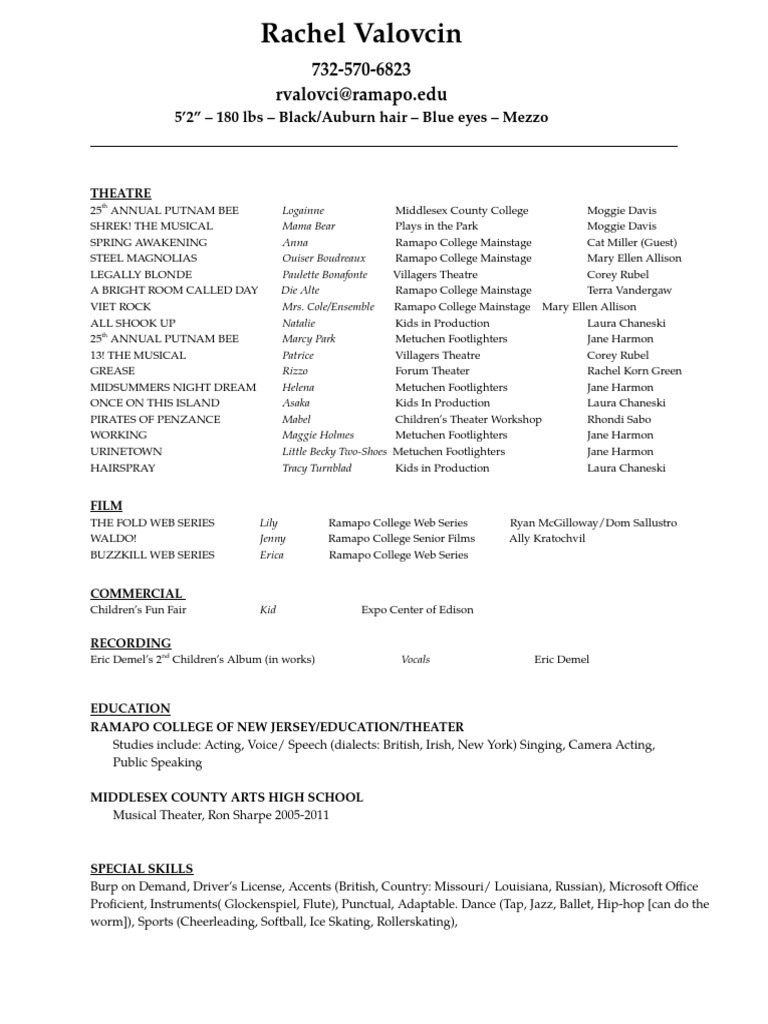 Rachel Valovcin: Theatre & Film Resume | PDF | Art