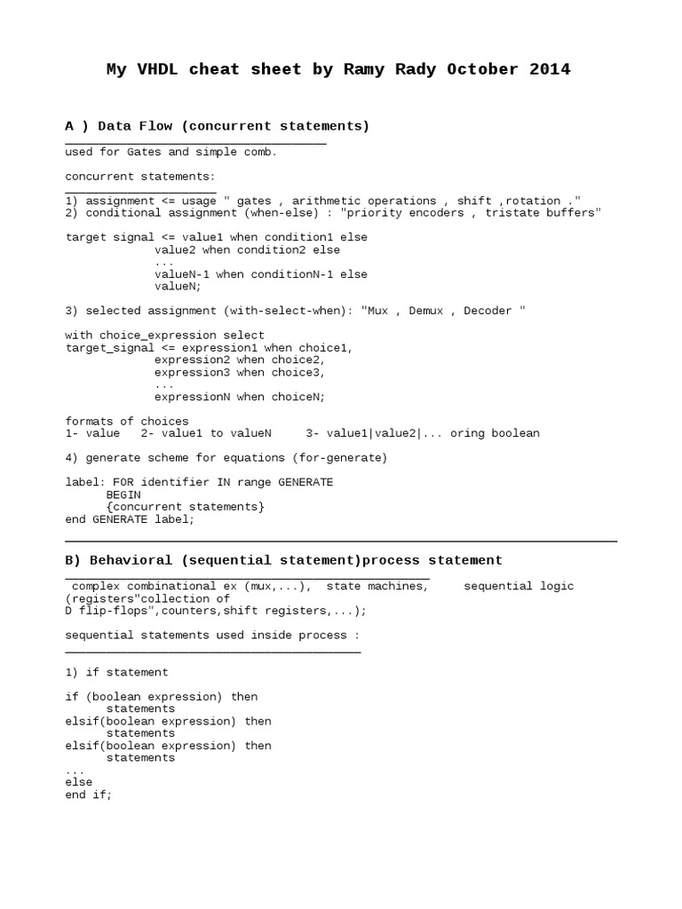 VHDL Cheat Sheet: Data Flow & Behavioral | PDF | Vhdl | Electrical Engineering