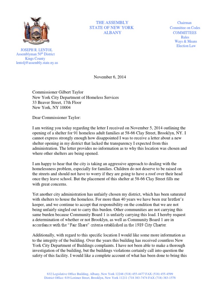 LENTOL 66 Clay Street Shelter Letter To Commissioner Taylor | PDF ...