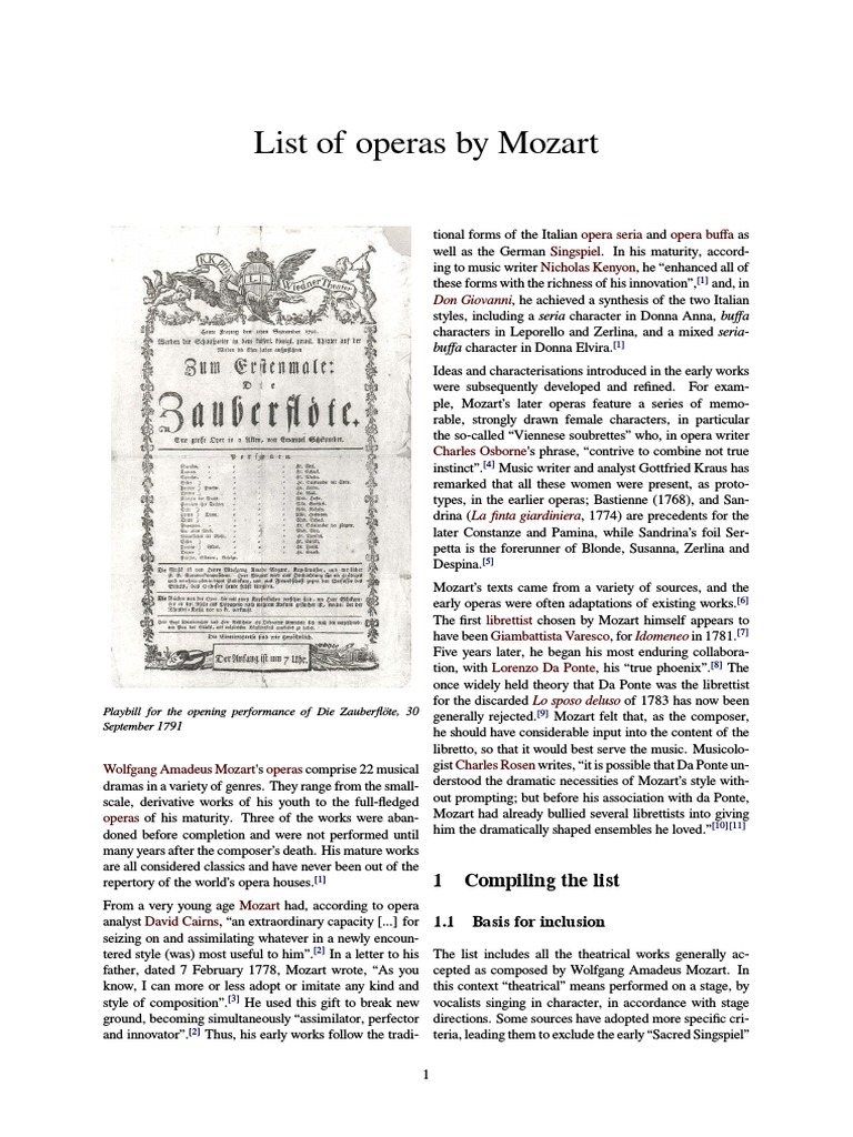 List of Operas by Mozart | PDF | Wolfgang Amadeus Mozart | Opera