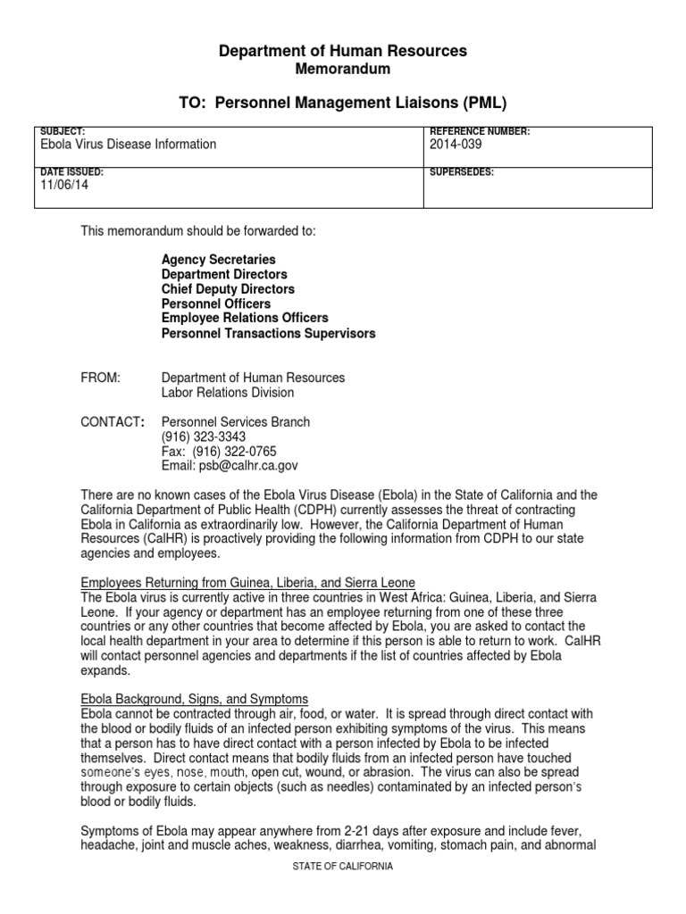 California Department of Human Resources Ebola Memo | PDF | Ebola Virus ...