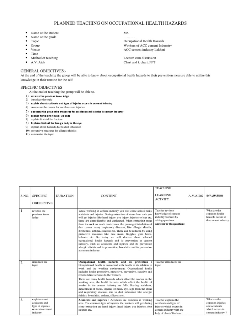 Planned Teaching On Occupational Health Hazards | PDF | Allergen | Allergy