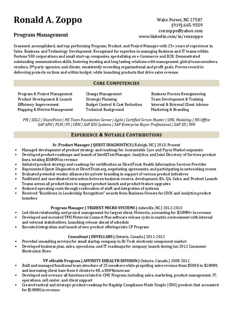 Senior Program Manager Product in Raleigh-Durham North Carolina Resume ...