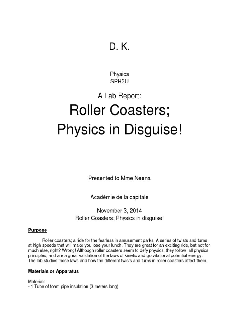Roller Coasters Physics in Disguise!: A Lab Report | PDF | Physics ...