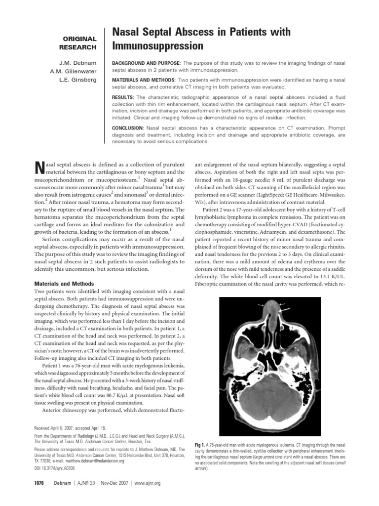 Nasal Septal Abscess in Patients With Immunosuppression: Original ...