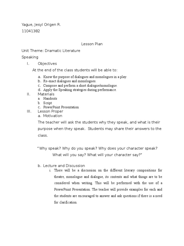 Speaking | Monologue | Lesson Plan
