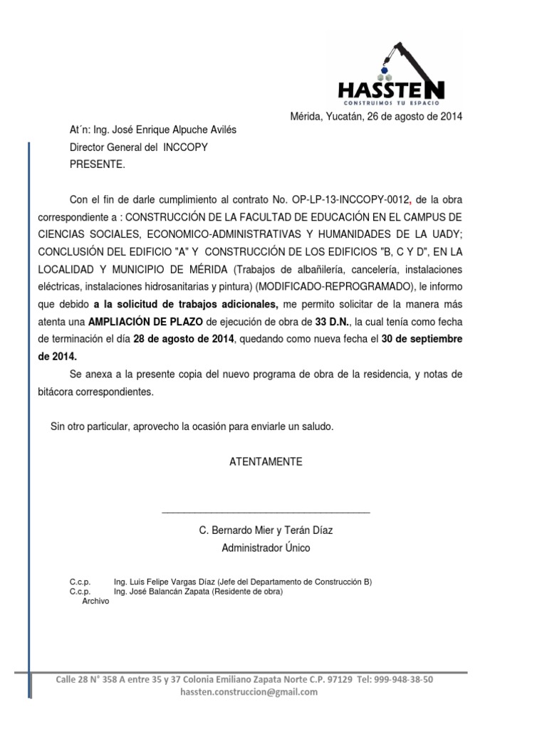 Ejemplo de Solicitud Ampliación para Obras Publicas | PDF | Tecnología