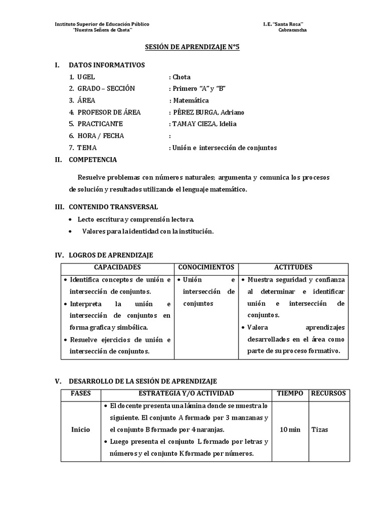 SESIÓN DE APRENDIZAJE N°5 unión , interseccion y diferencia de conjuntos.docx | Aprendizaje ...