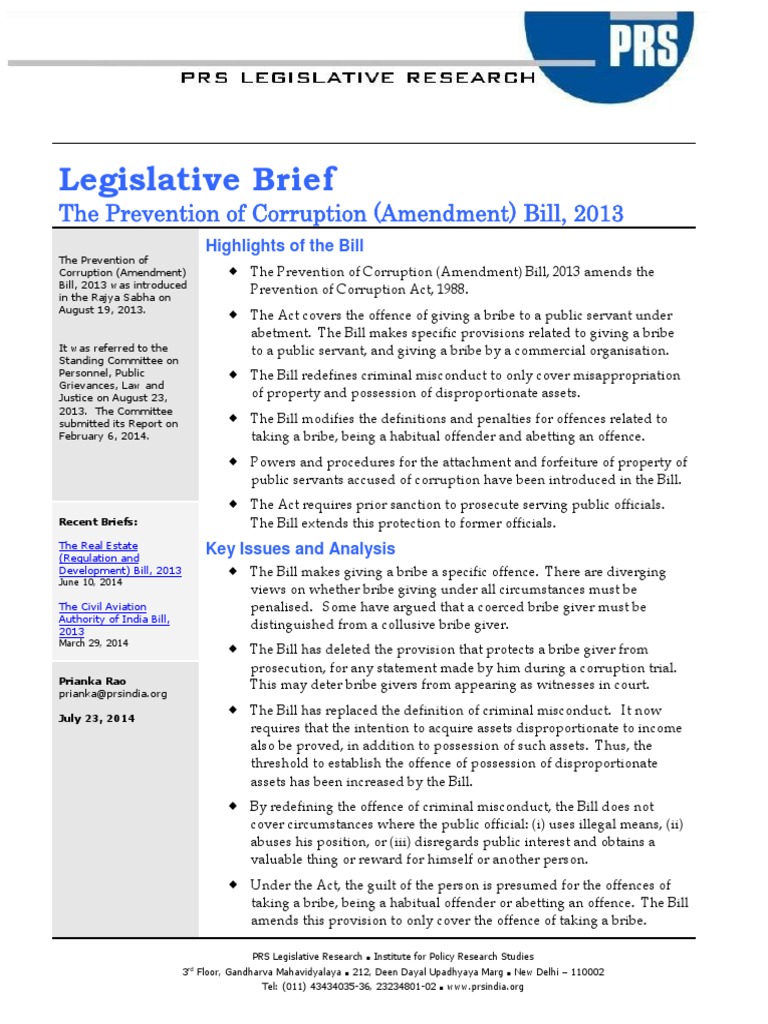 Legislative Brief: The Prevention of Corruption (Amendment) Bill, 2013 ...