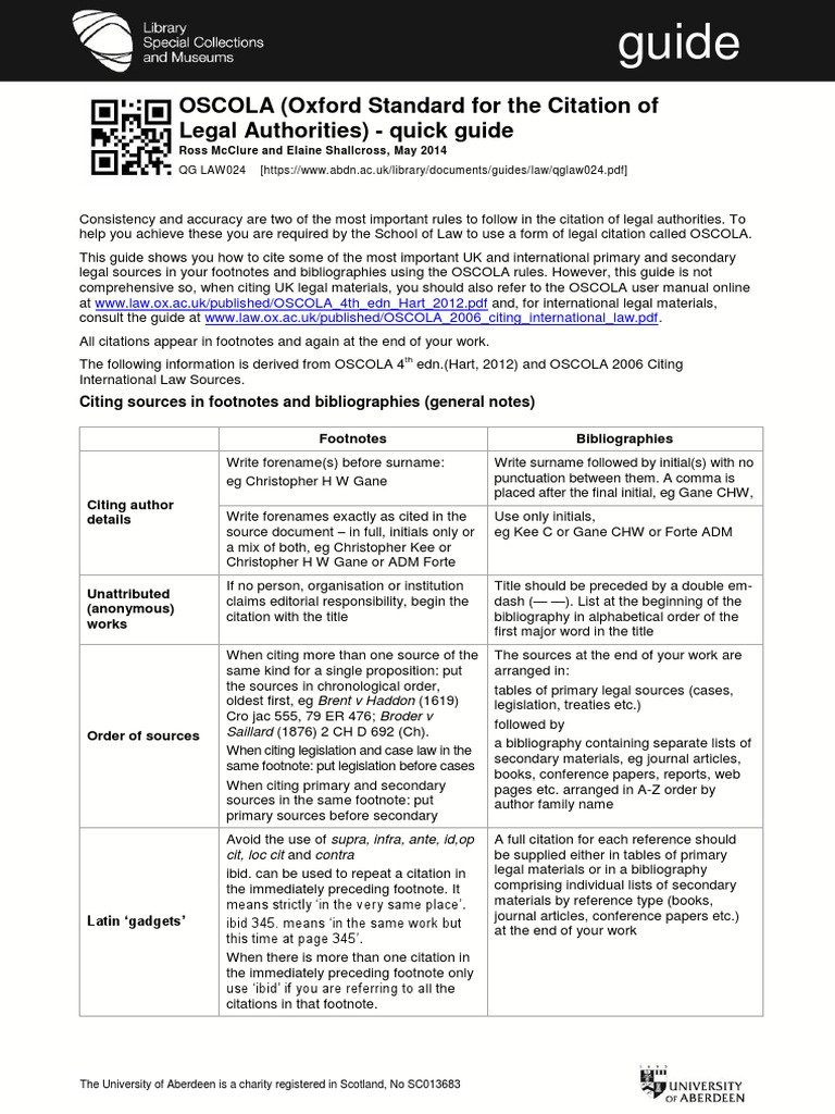 Guide: OSCOLA (Oxford Standard For The Citation of Legal Authorities) - Quick Guide | PDF | Case ...