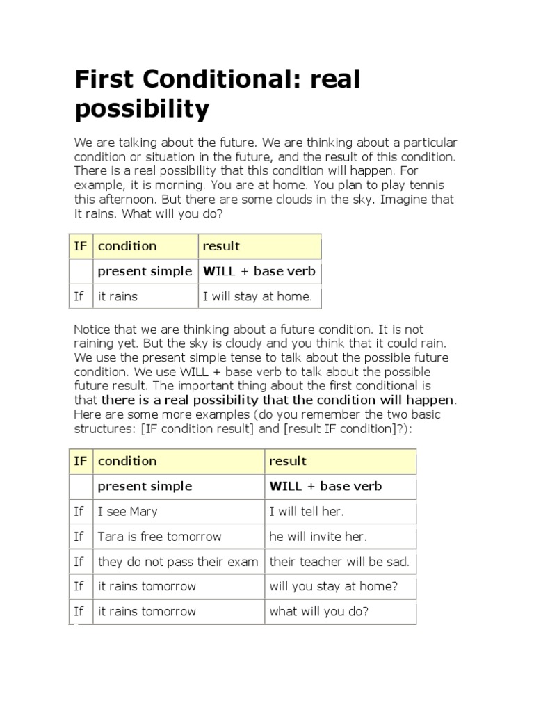 First Conditional: Real Possibility: IF Condition Result Present Simple WILL + Base Verb | PDF ...
