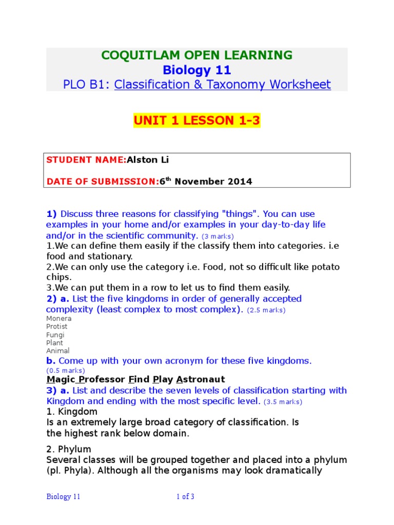 Unit 1 Lesson 1,2,3 Worksheet | PDF | Taxonomy (Biology) | Archaea