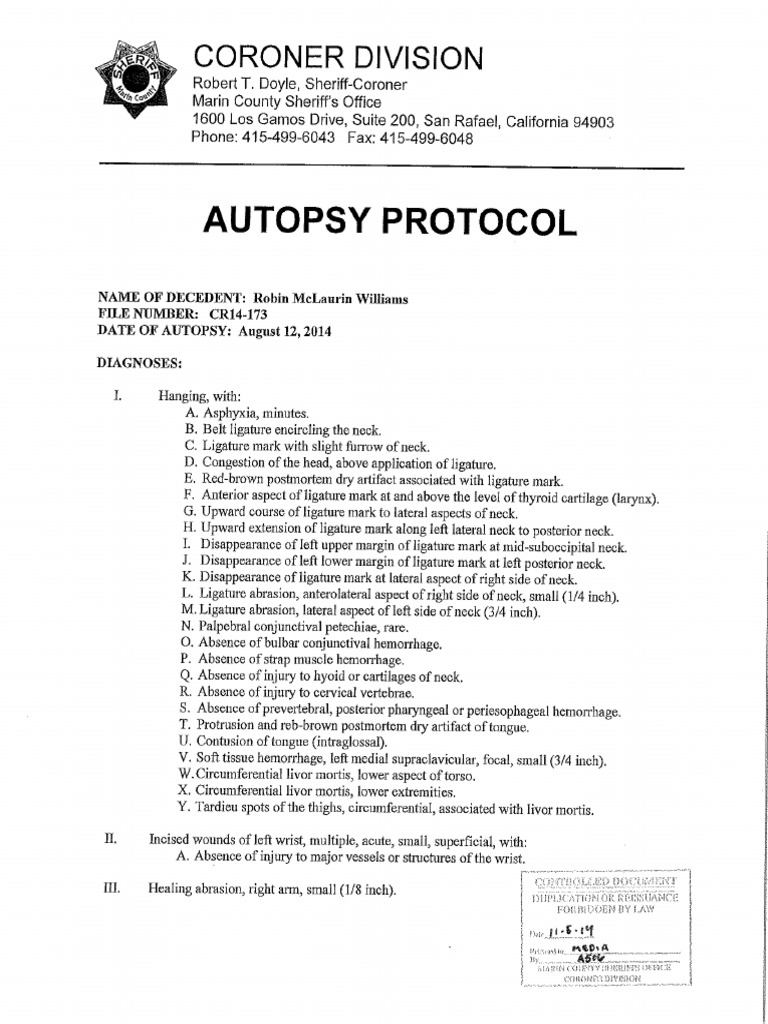 Robin Williams Original Autopsy Protocol | PDF