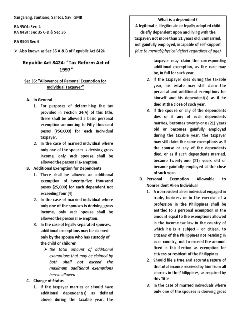 Republic Act 8424: "Tax Reform Act of 1997": (Due To Mental/physical ...