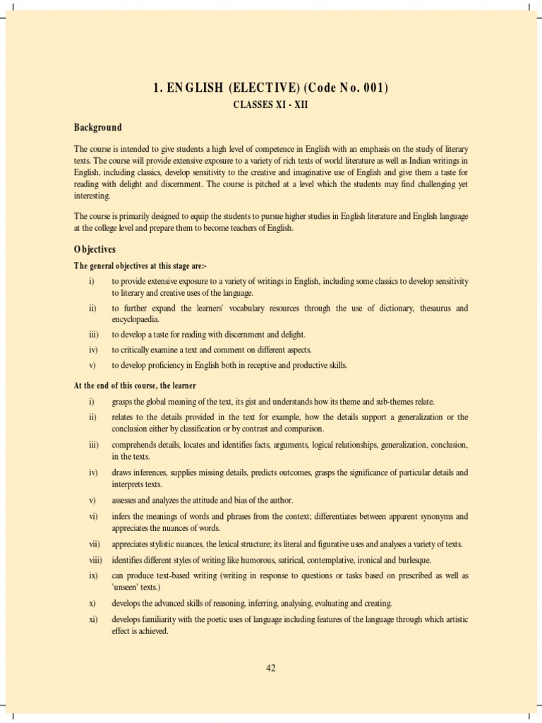 ENGLISH (ELECTIVE) (Code No. 001) : Classes Xi - Xii Background | PDF ...