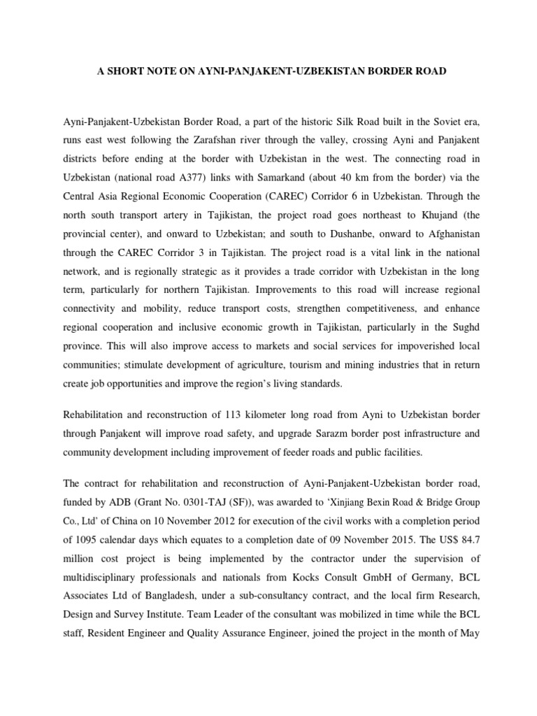 A Short Note On Ayni-Panjakent-Uzbekistan Border Road: Xinjiang Bexin ...