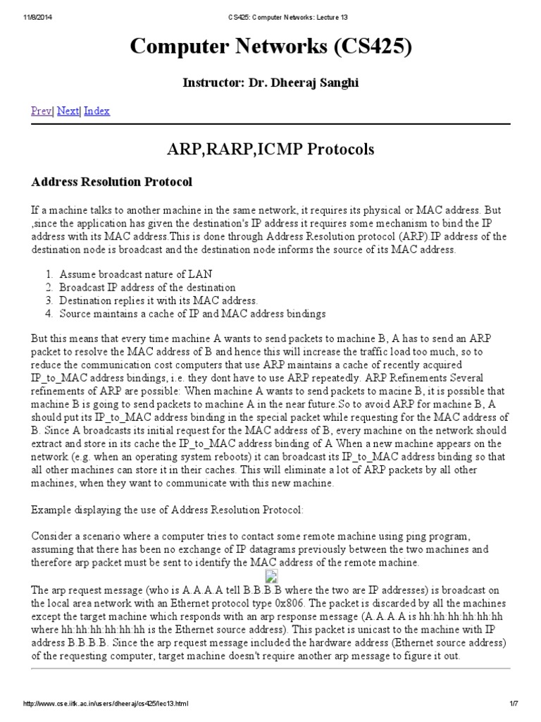 Computer Networks (CS425) : ARP, RARP, ICMP Protocols | PDF | Network Layer Protocols | Internet ...