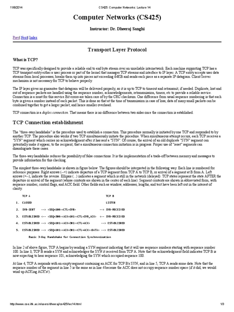 Computer Networks (CS425) : Transport Layer Protocol | PDF | Transmission Control Protocol ...