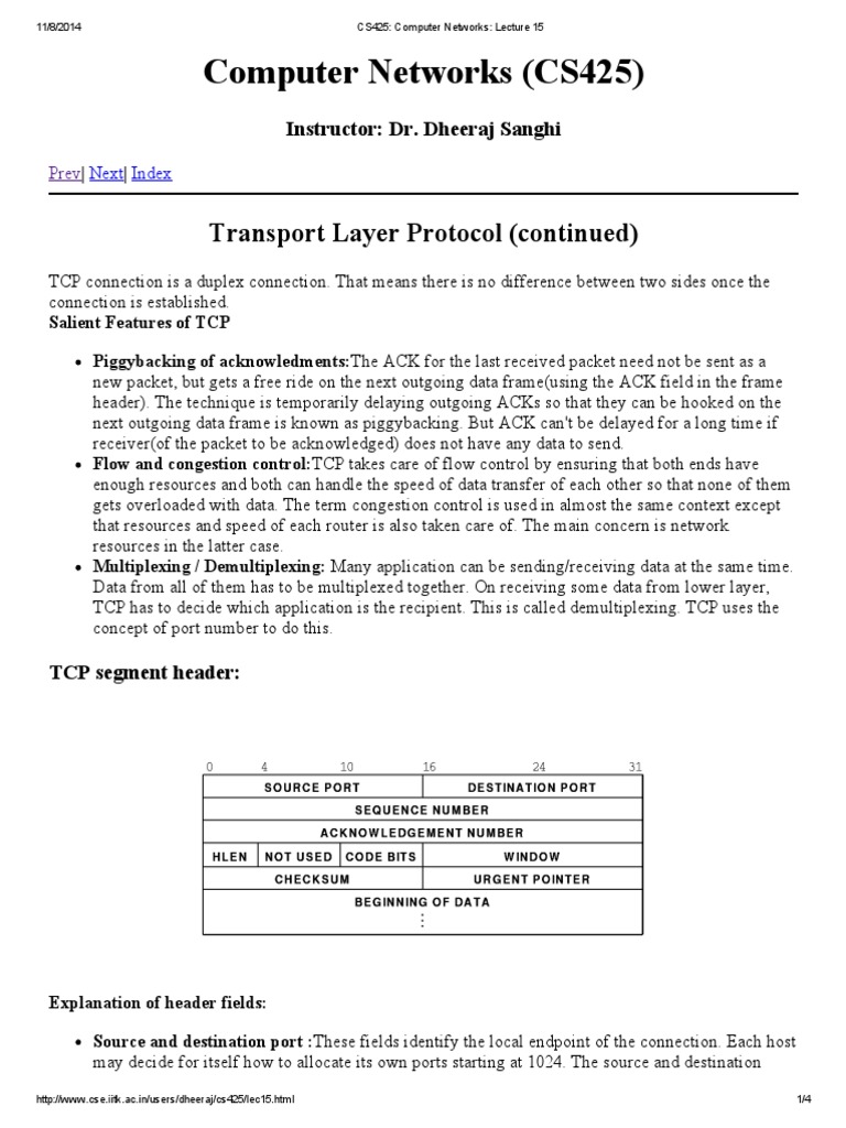 Computer Networks (CS425) : Transport Layer Protocol (Continued) | PDF | Transmission Control ...