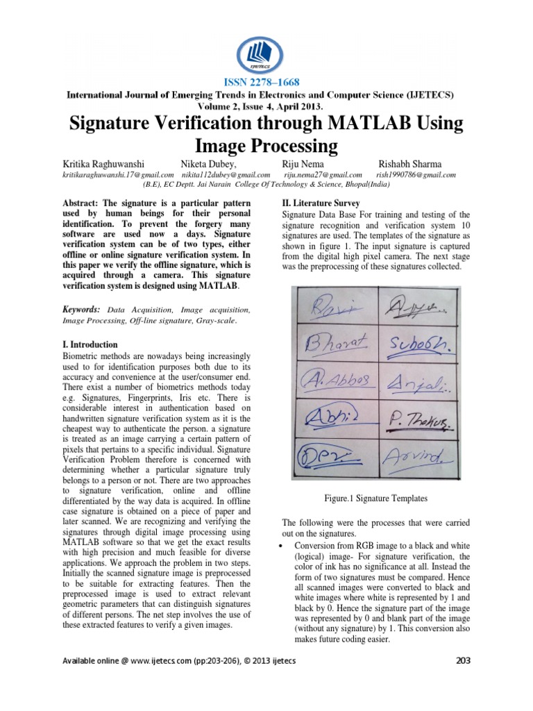 Signature Verification Through Matlab Using Image Processing Pdf Authentication Biometrics