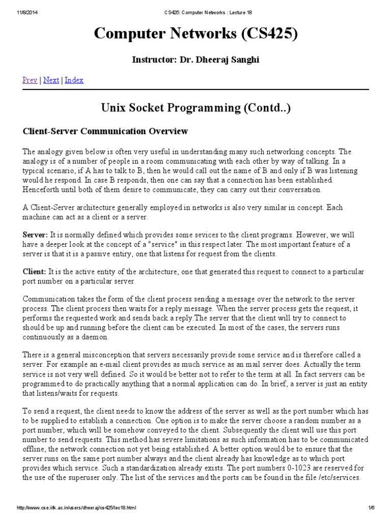 Computer Networks (CS425) : Unix Socket Programming (Contd..) | PDF | Port (Computer Networking ...