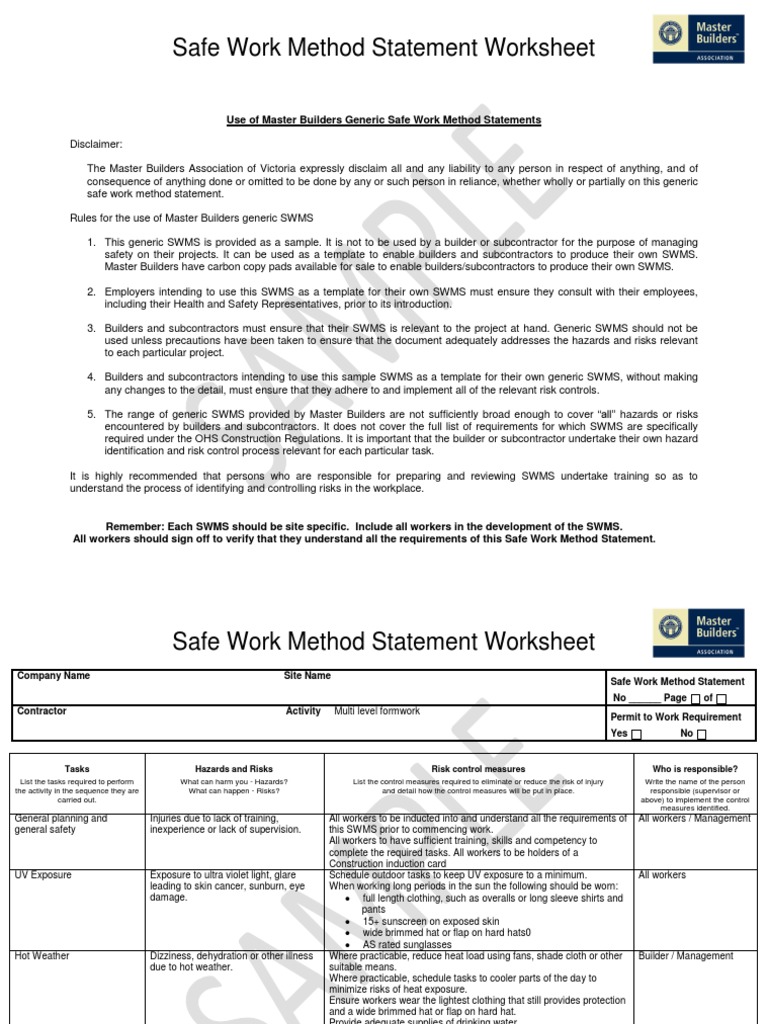Safe Work Method Statement Worksheet | PDF | Crane (Machine) | Lumber
