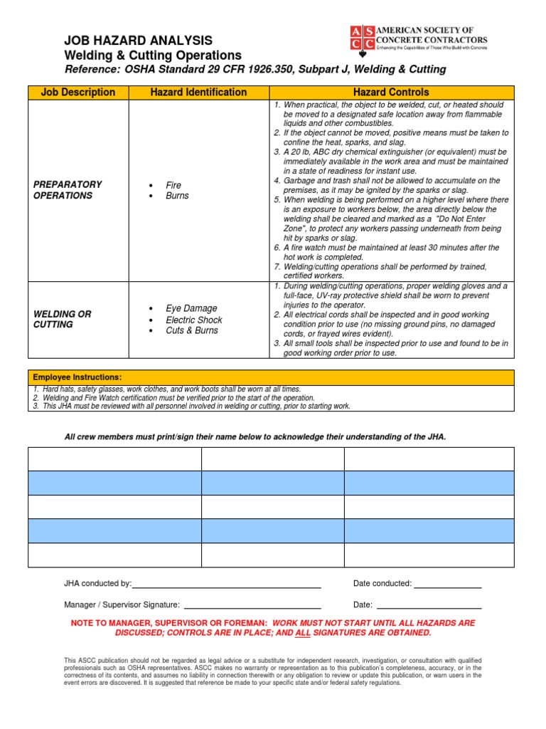 Job Hazard Analysis Welding & Cutting Operations: Reference: OSHA ...
