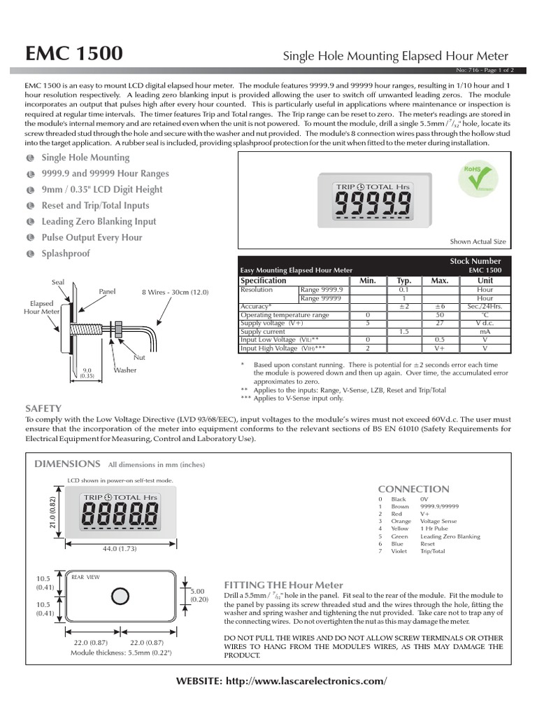 EMC 1500 Elapsed Hour Meter Guide | PDF | Screw | Electronic Engineering