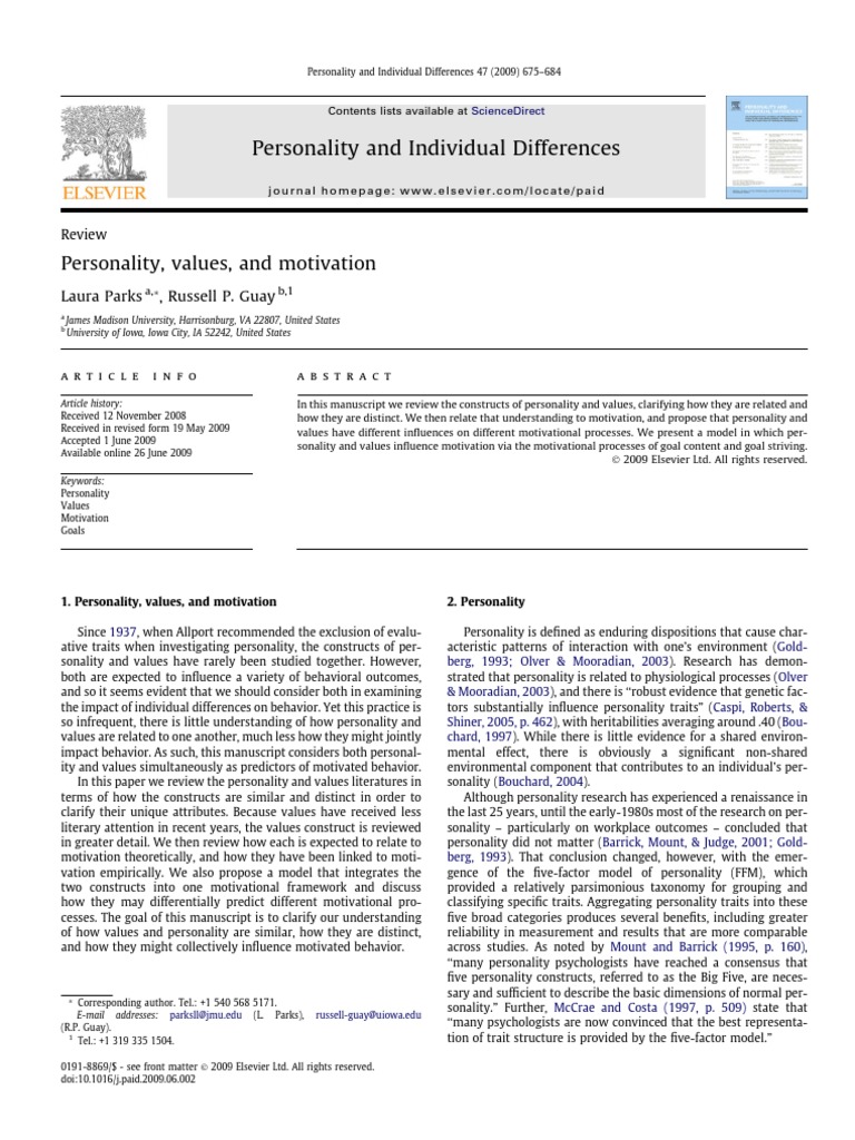 Personality, Values, and Motivation | PDF | Personality Psychology | Goal