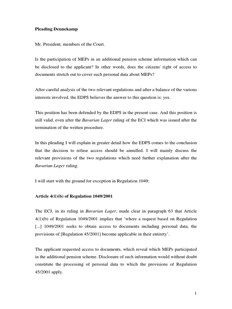 EDPS Pleading Dennekamp en | PDF | European Court Of Justice | Privacy