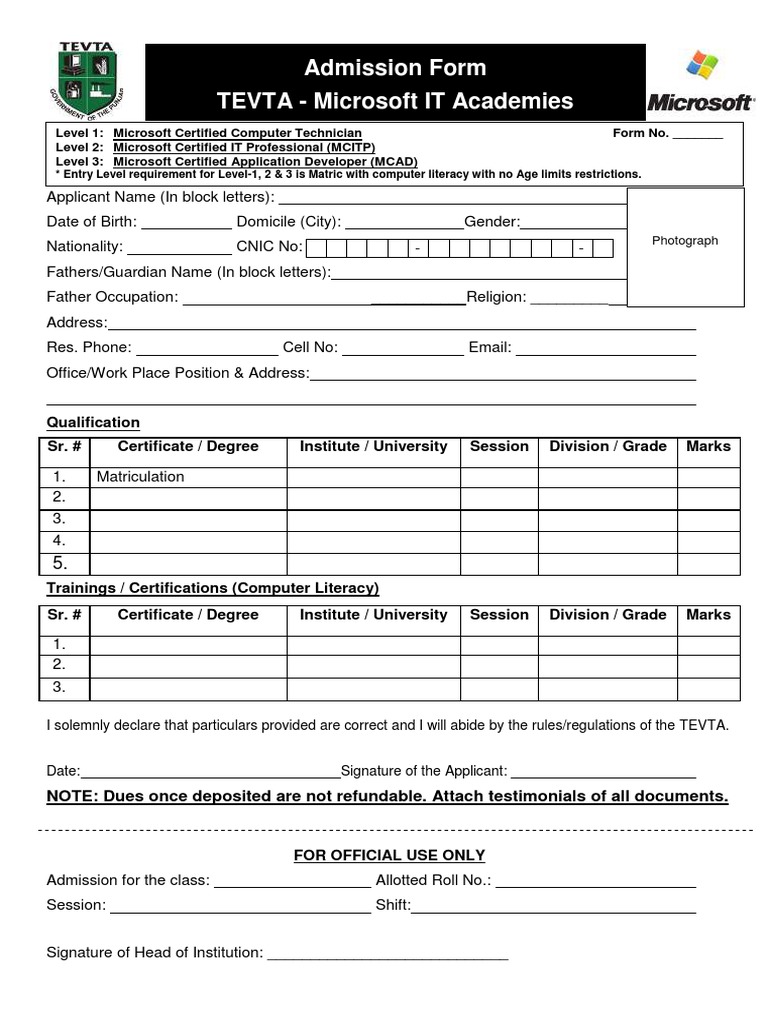 Admission Form TEVTA - Microsoft IT Academies | PDF | Career & Growth ...