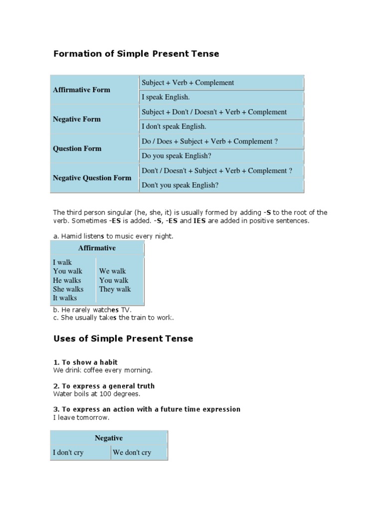 Formation of Simple Present Tense | PDF | Perfect (Grammar ...