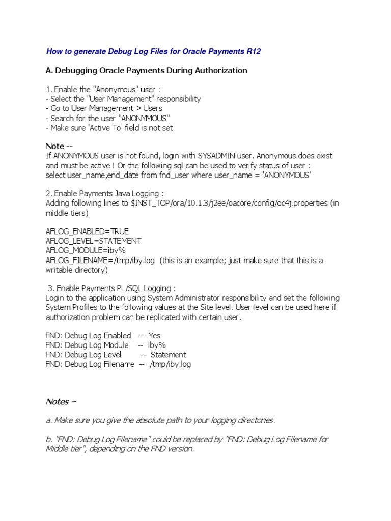How To Generate Debug Log Files For Oracle Payments R12 | PDF | Business