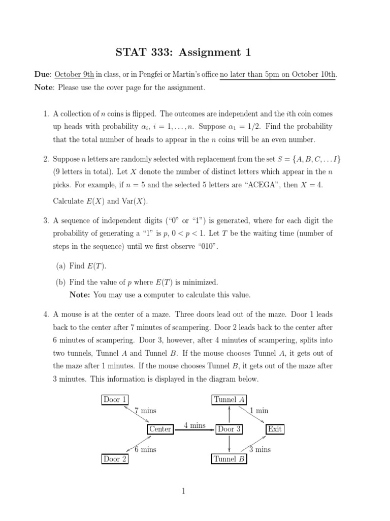 STAT 333: Assignment 1 Solutions - Probabilities of Coin Flips, Letter ...