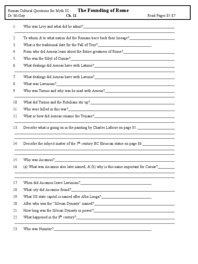 Ch. 11 Ecce Culture The Founding of Rome Questions | PDF | Romulus And ...