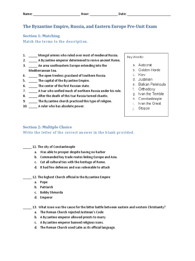The Byzantine Empire Pre-Unit Exam | PDF | Byzantine Empire | Eastern ...