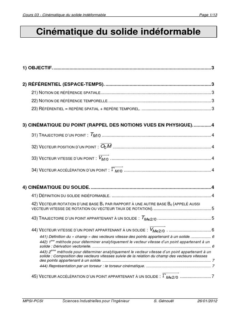 Cinématique du Solide Indéformable | PDF | Mouvement de rotation ...