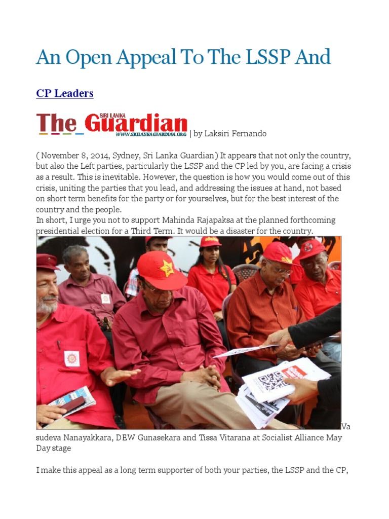 An Open Appeal To The LSSP and | PDF | Sri Lanka | Government