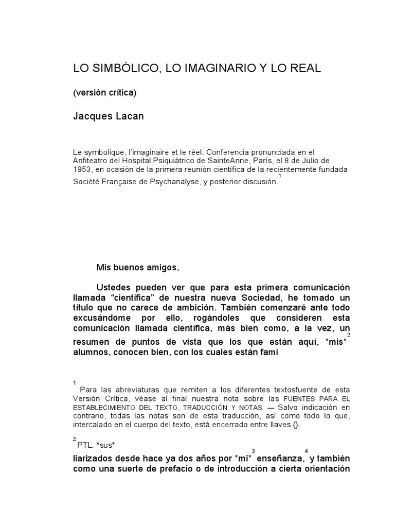 Lo Simbólico, lo Imaginario y lo Real-Lacan-1953 | Jacques Lacan | Los ...