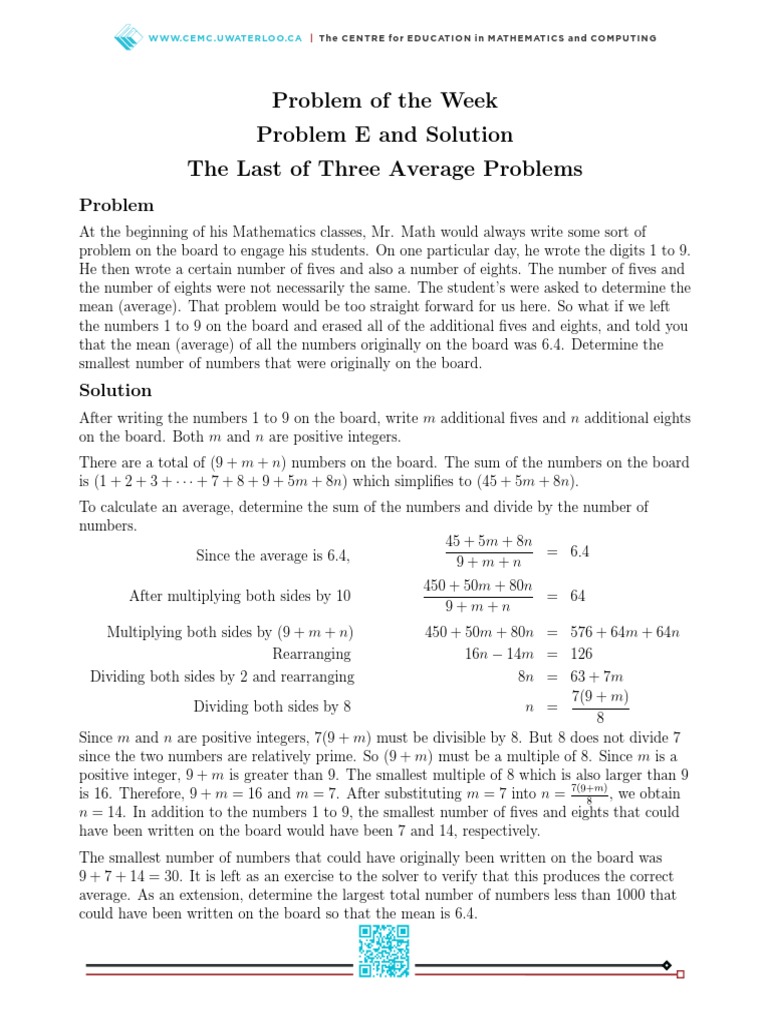 Problem of The Week Problem E and Solution The Last of Three Average ...