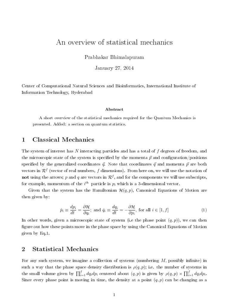 Stat Mech Overview Sci2 | PDF | Hamiltonian Mechanics | Temperature