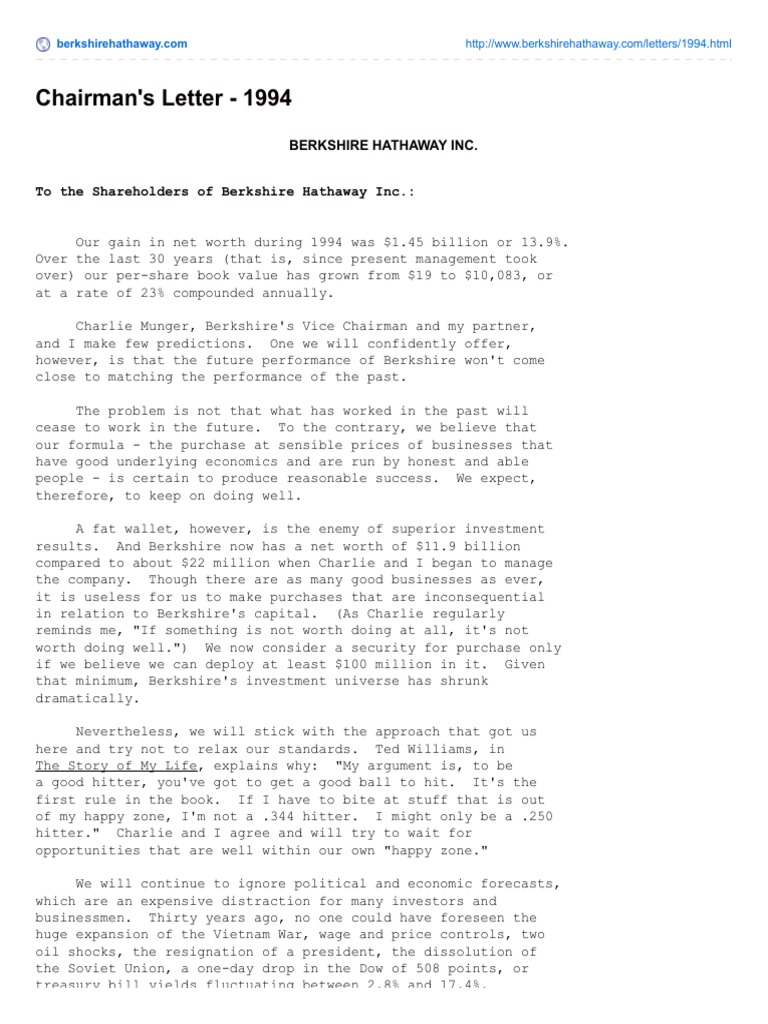 Chairmans Letter 1994 | PDF | Insurance | Underwriting