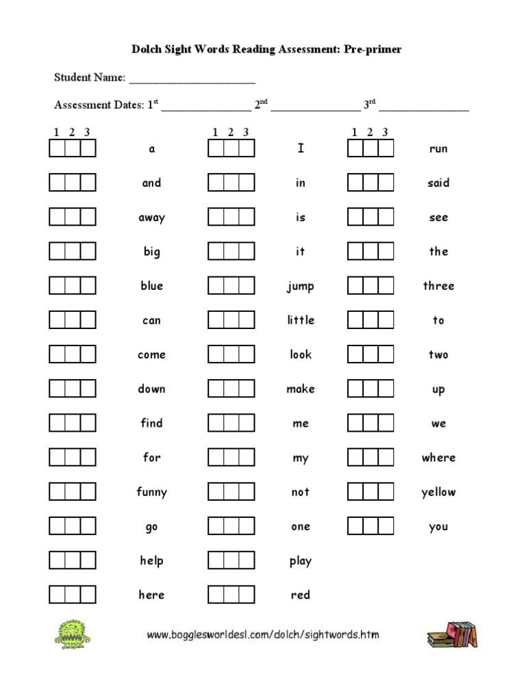 Pre-Primer Dolch Sight Words Assessment | PDF