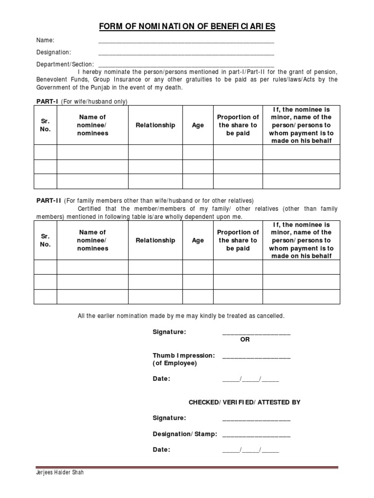 Form of Nomination of Beneficiaries: Jerjees Haider Shah | PDF