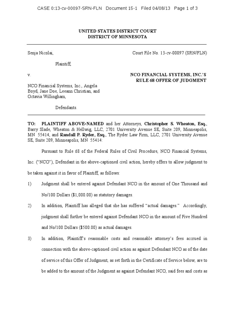 Nicolai V NCO Financial Systems Inc Rule 68 Offer of Judgment Erstad ...