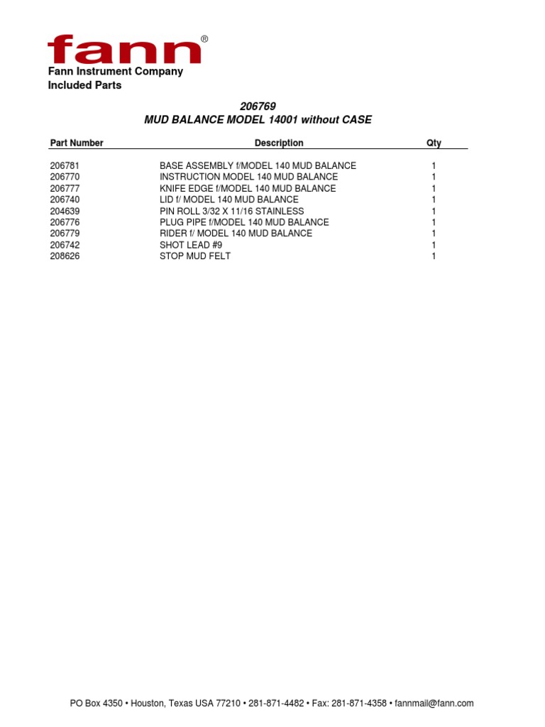 Mud Balance Model 140 Parts List | PDF | Technology & Engineering