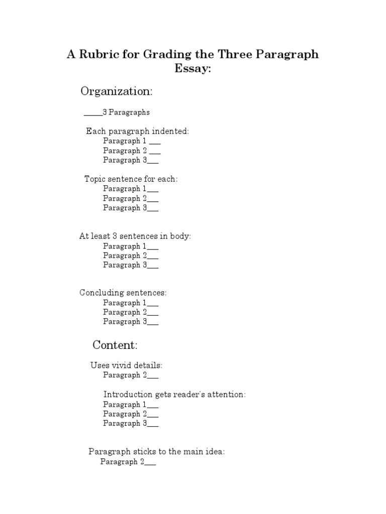 Three Paragraph Essay Grading Rubric | PDF | Paragraph | Text