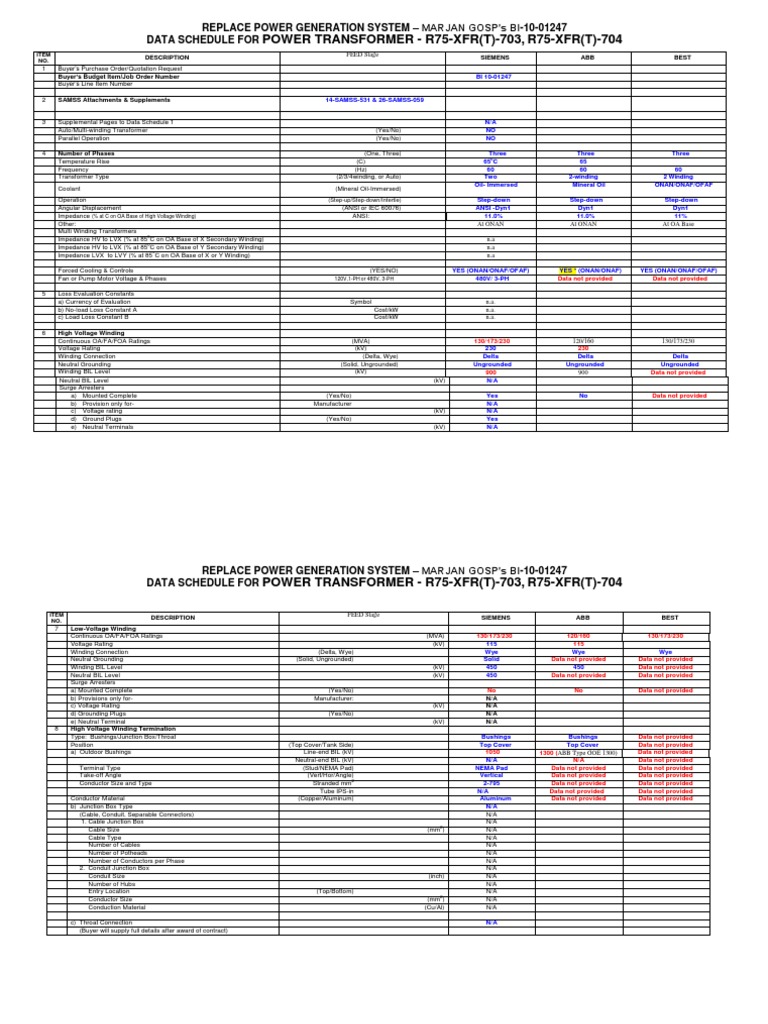 Power Transformer - Vendor Data Sheet Comparison | Transformer | Power ...